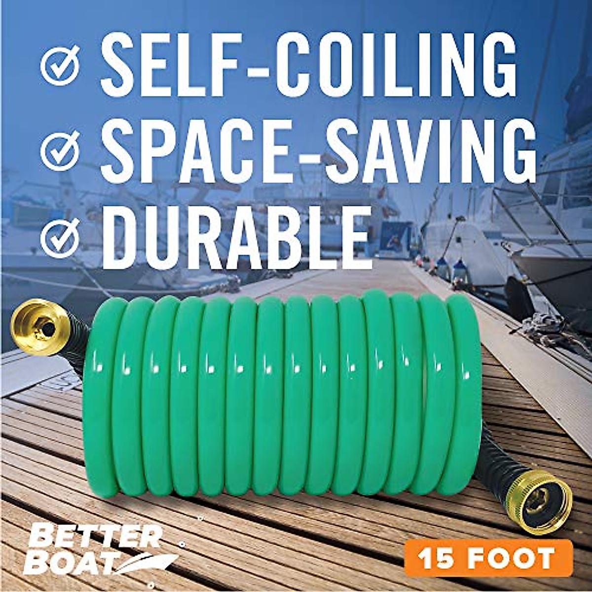 15FT Coiled Boat Hose | Coil Hose Water Hoses Expandable Perfect Coil Water Hose RV Wash Water Hose Spring Washdown Short Small 15 Foot Coiling Garden Marine Grade 3/4 Inch Connectors Self Recoil