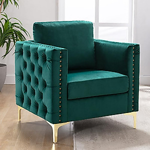 Modern Velvet Accent Chair, Tufted Button Armchair with Pillow and Decorative Nailheads Single Lounge Sofa Chair Club Chair with Steel Legs for Living Room Bedroom Office (Green)