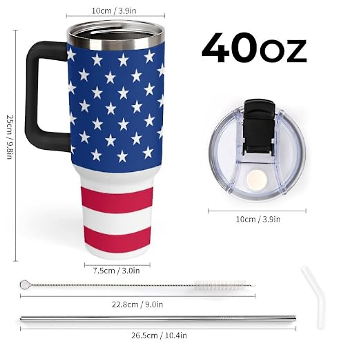40 oz Tumbler, Large Capacity with Handle and Straw Travel Insulated Tumblers, Red Blue White American Flag Stainless Steel Cup for Women, Men