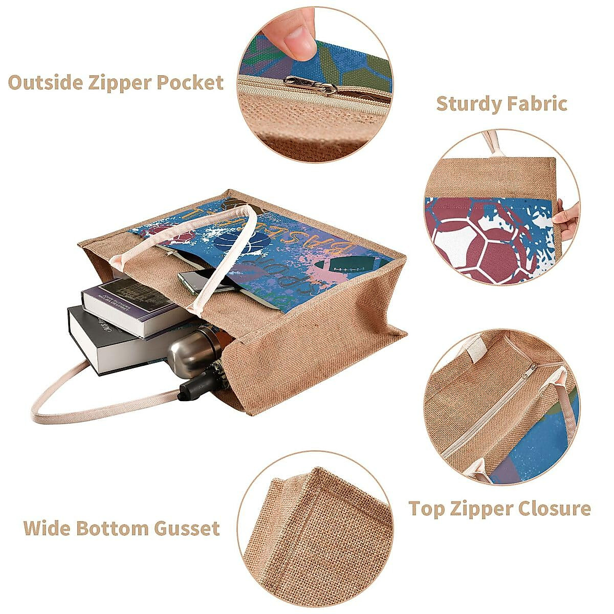 Jute Burlap Tote Bag Navy Cute Basketball Sports Football Volleyball Large Capacity Reusable Grocery Shopping Storage Bag