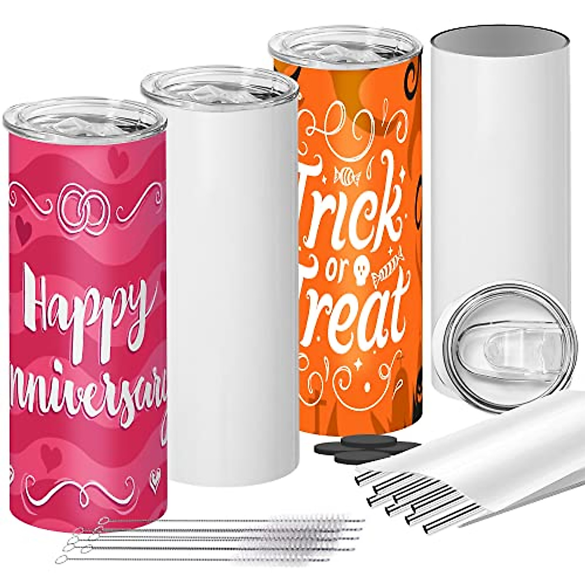 Sublimation Tumblers Blank 20 oz 4 Pack; Skinny White Tumblers Bulk with Lid, Straw, Brush and Wraps; Stainless Steel Double Wall Insulated Water Coffee Tumbler with Sublimation Coating; Gift Boxed