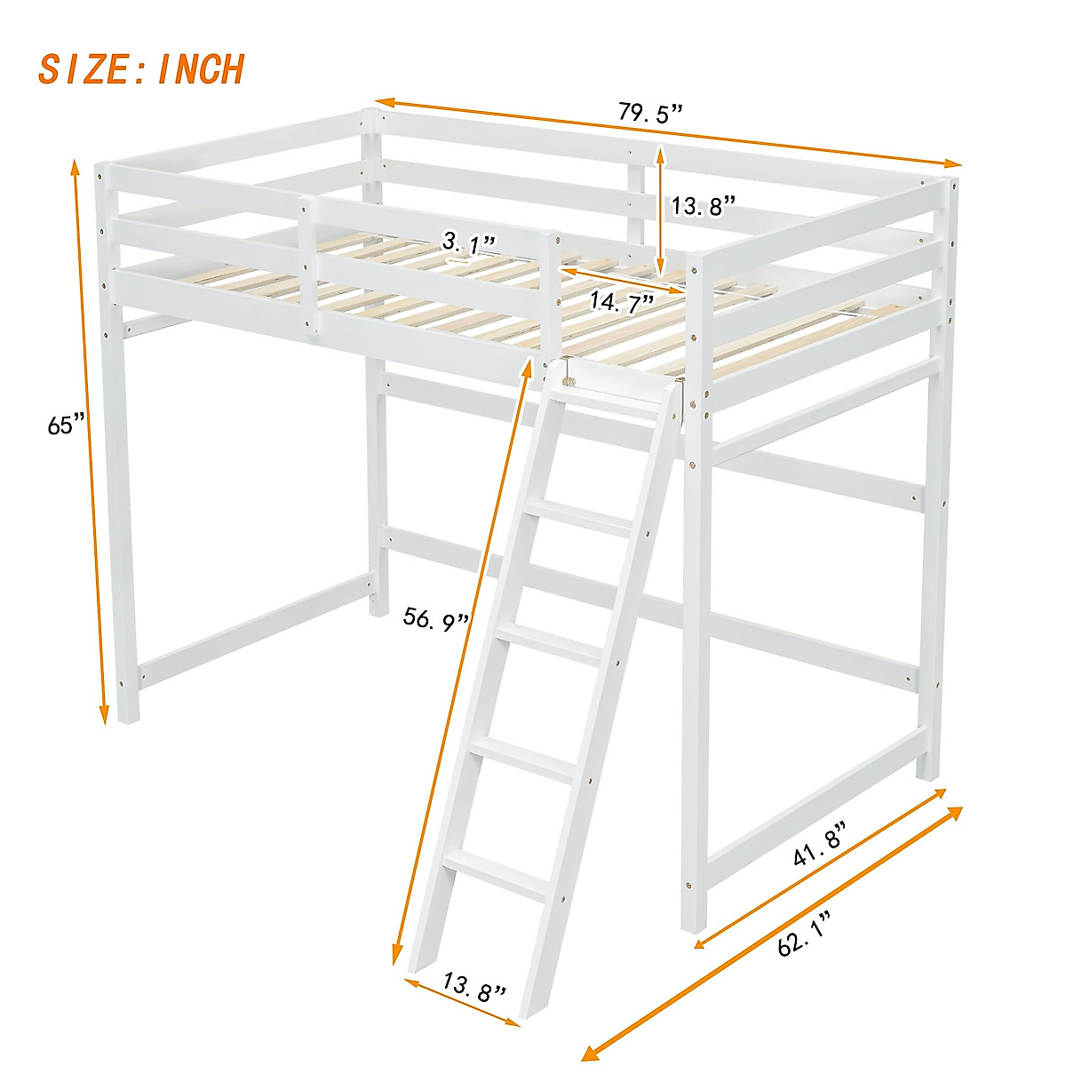 Harper & Bright Designs Twin Size Loft Bed Frame,Wooden Kids Loft Bed with Inclined Ladder & Full-Length Guardrail, High Loft Bed for Teens Girls Boys, Space-Saving, White