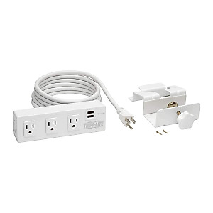 Tripp Lite Surge Protector Power Strip 3-Outlet with 2-Port USB Charging Ports, Desk Clamp, White 510 Joules (TLP310USBCW)