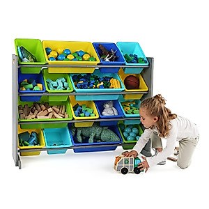 Humble Crew Extra-Large Toy Organizer, 16 Storage Bins, Grey/Blue/Green/Yellow,15.5"D x 42"W x 35"H