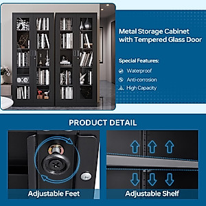 PEUKC Display Cabinet with Glass Doors, Curio Cabinets with 4 Adjustable Shelves, Locking Glass Cabinet Display Case for Home, Office, Clinic, Pantry, Assemble Required, Black