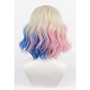 NiceLisa Blonde Short Wave Curly Enid Sinclair Wigs with Pink Blue Hair Women Girls Modern Anime Cosplay Wig Daily Wear Wigs