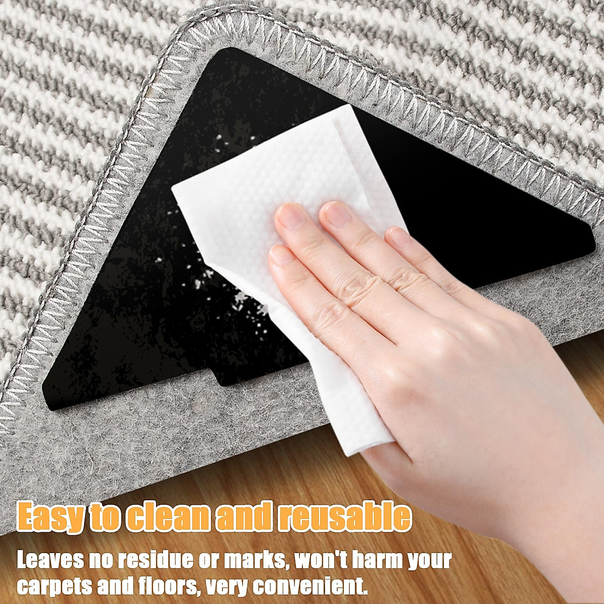 Rug Tape , 10 Pcs Double Sided Non Slip Reusable Rug Stopper, Washable Rug Tape for Hardwood Floors, Tile Floors, Carpets, Floor Mats, Wall (Black)