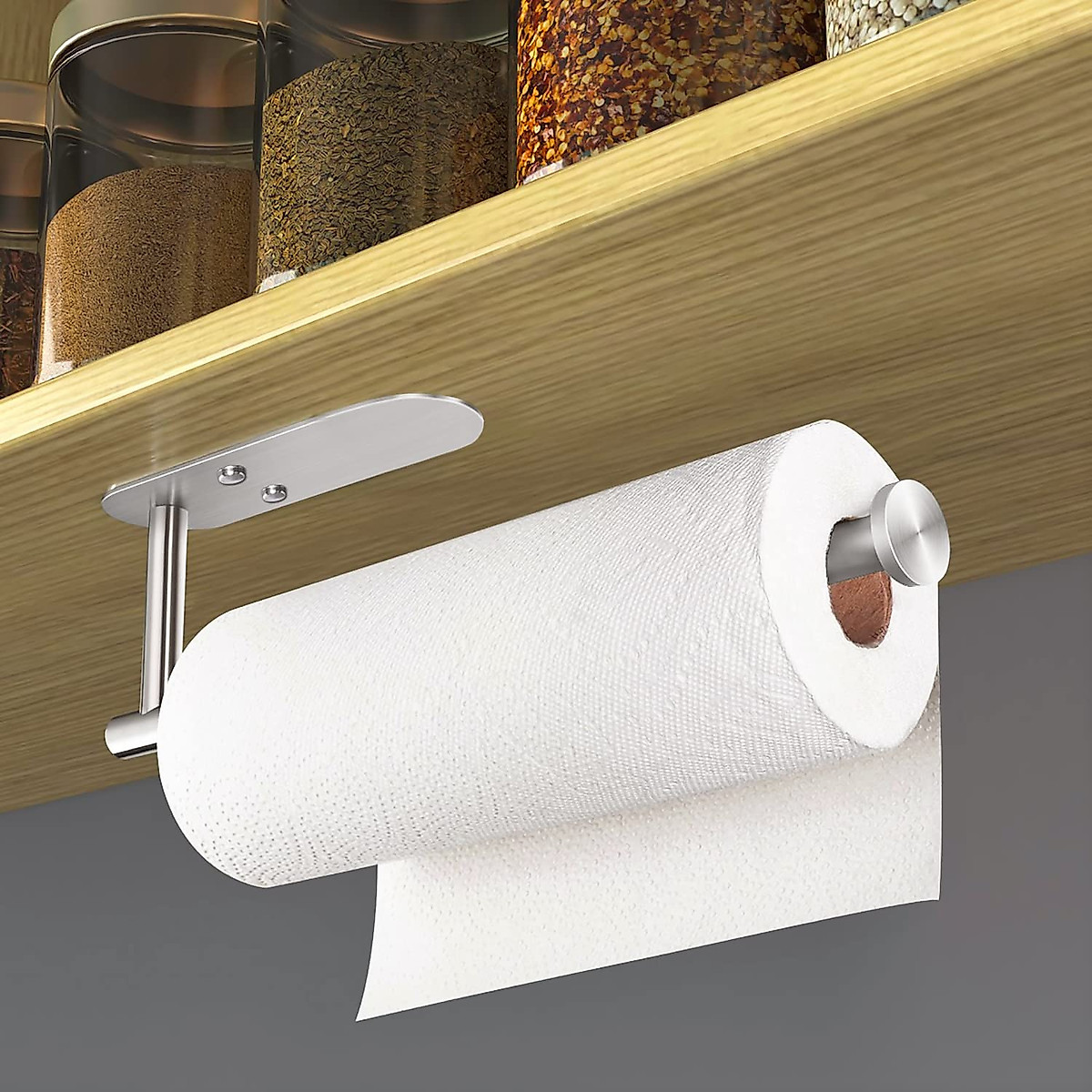 HUFEEOH Adhesive Paper Towel Holder Under Cabinet Wall Mount for Kitchen Paper Towel, Stainless Steel Paper Towel Roll Rack for Bathroom Towel (13inch, Silver)