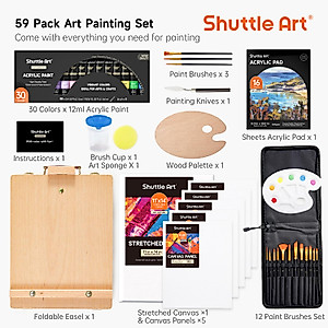Shuttle Art Acrylic Painting Set, 59 Pack Professional Painting Supplies with Wood Tabletop Easel, 30 Colors Acrylic Paint, Canvas, Brushes, Palette, Complete Painting Kit for Kids, Adults, Artists