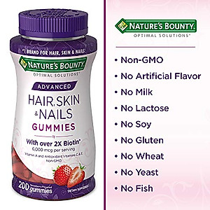 Nature's Bounty Optimal Solutions Advanced Hair, Skin & Nails Gummies, Strawberry, 200 Count
