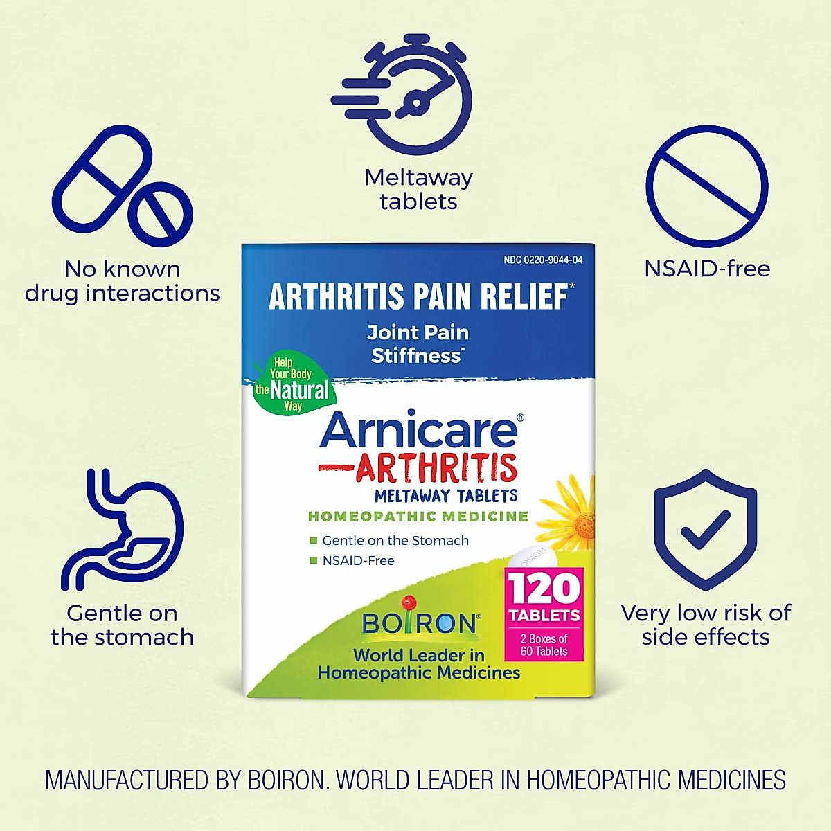 Boiron Arnicare Arthritis Tablets for Arthritis Pain Relief, Joint Soreness, and Rheumatic Pain - 120 Tablets (2 Pack of 60)