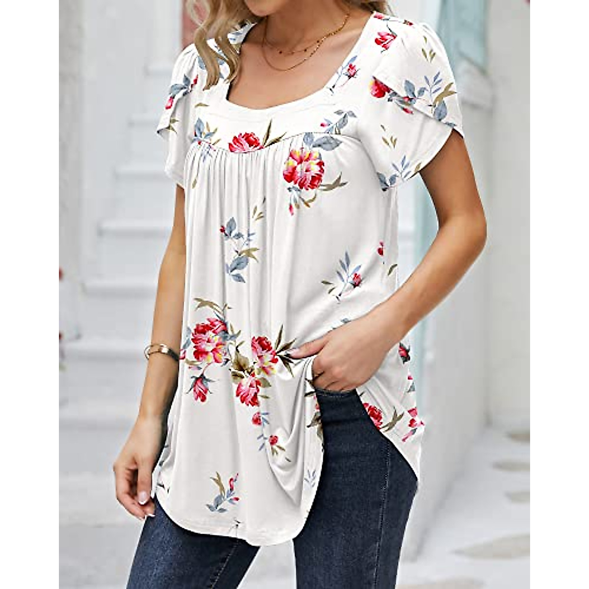 DUSDIMON Women's 2023 Summer Tunic Tops Petal Short Sleeve Square Neck Loose Flowy Pleated Shirts(Flower White, XL)