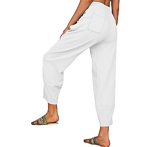 FEDULKSTORE Womens Cotton Linen Wide Leg Pants Summer Casual High Waisted Palazzo Pants Baggy Lounge Beach Trousers(#01 White,Large)