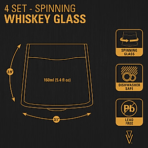 TARVER - Spinning Whiskey Glass Cups (Set of 4), 5.4 fl oz, Clear Thick Premium Quality Glass Cups for Bourbon, Scotch, Cocktails, Cognac, Rum, Vodka