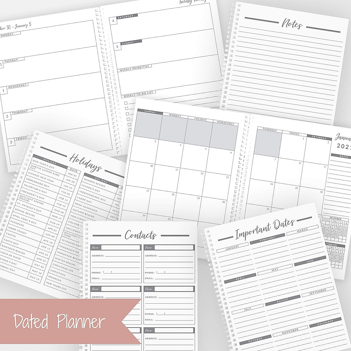 Floral Wreath Personalized Monthly and Weekly HARDCOVER Planner and Organizer, 1 full year, DATED or UNDATED OPTION, 8.5" x 11", lay flat wire-o spiral binding