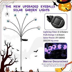 Solar Scary Eyeball Halloween Decor - 2-Pack Outdoor Pathway Lights with 16 LED Waterproof Swaying Firefly Lights for Yard & Patio
