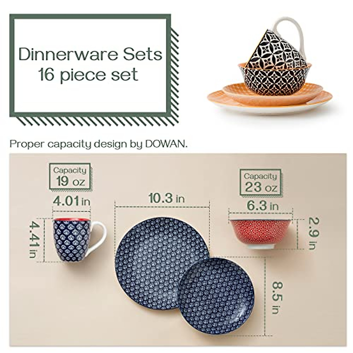 DOWAN Ceramic Dinnerware Sets, 16 Pieces Dish Set for 4, Decorative Plates and Bowls Sets, Porcelain Dinner Salad Plates, Mugs and Soup Bowls Set for Kitchen, Housewarming Gift
