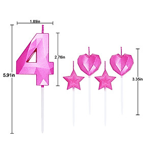 Pink Number 4 Candles and Star Heart Candles 2.76 inch Number Candles for Birthday Cakes 3D Diamond Shaped for Cake Decorations(Pink Candle 4)