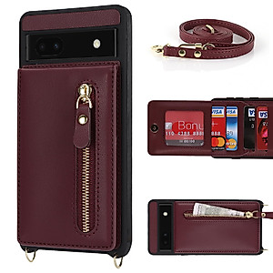 DEYHU for Google Pixel 6a Case with Card Holder for Women,for Pixel 6a Phone Case Wallet with Strap Credit Card Slots Crossbody with Kickstand Zipper Case - Red Wine