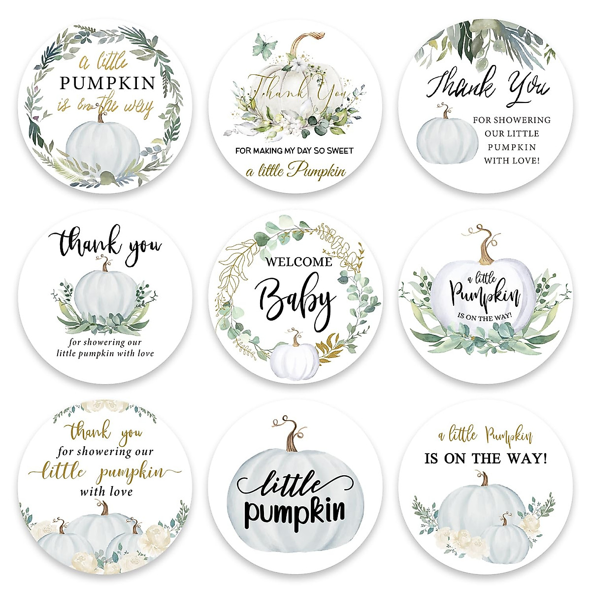 Quera 90 Little Pumpkin Baby Shower Thank You Stickers, Fall Baby Shower Party Favor Stickers,Fall Themed Baby Shower Favor Stickers 2inch（Green）