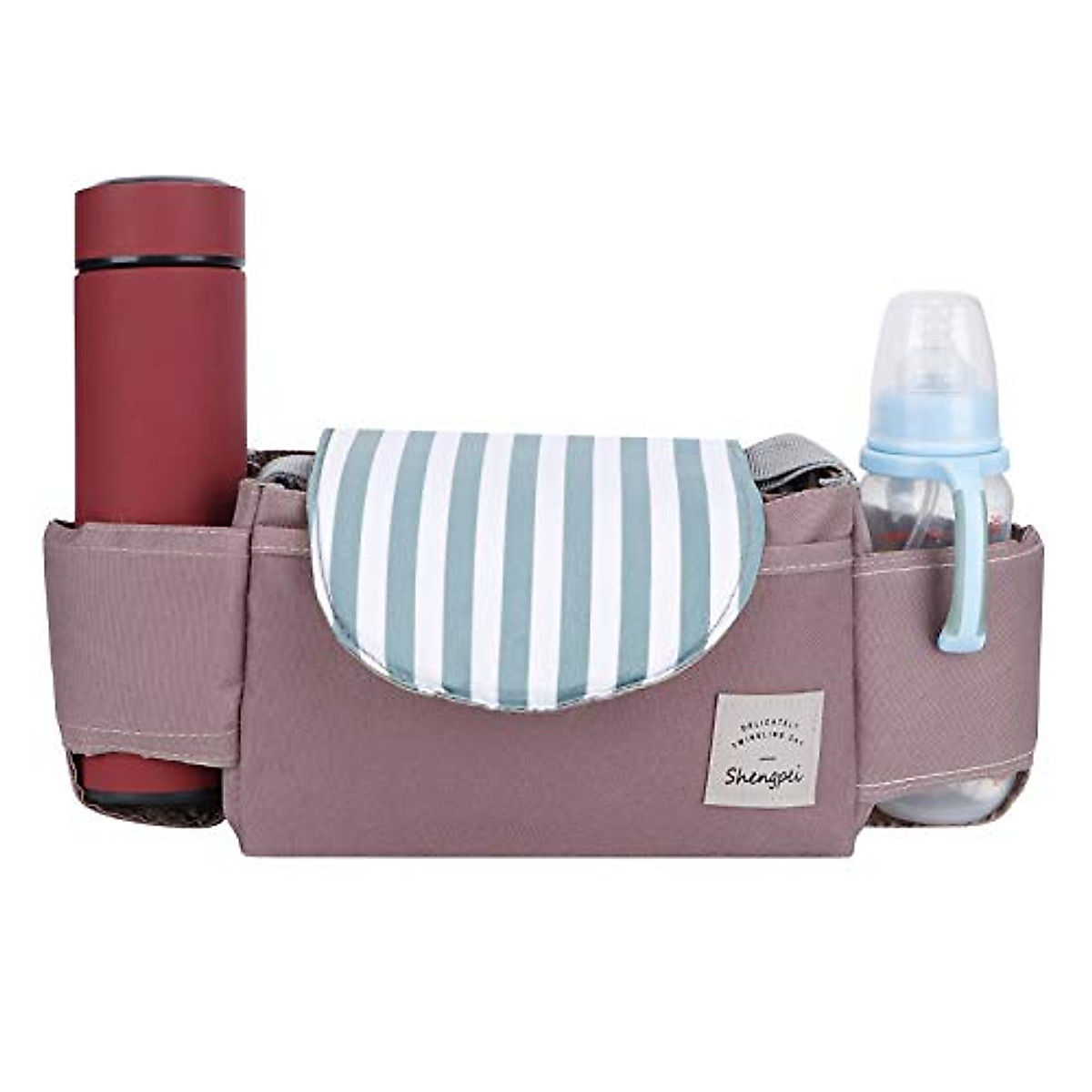Baby Stroller Hanging Bag Universal Cup Holder Storage Bag Strollers Accessory With Movable Internal Partitionbaby Store Bottles Coffee Cups(Mint stripes)