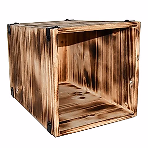 Owlgift Decorative Rustic Burnt Wood Trash Can, Farmhouse Stylish Wooden Waste Basket Near Desk, Square Garbage Cans Trashcan with Metal Brackets for Office, Bedroom & Bathroom