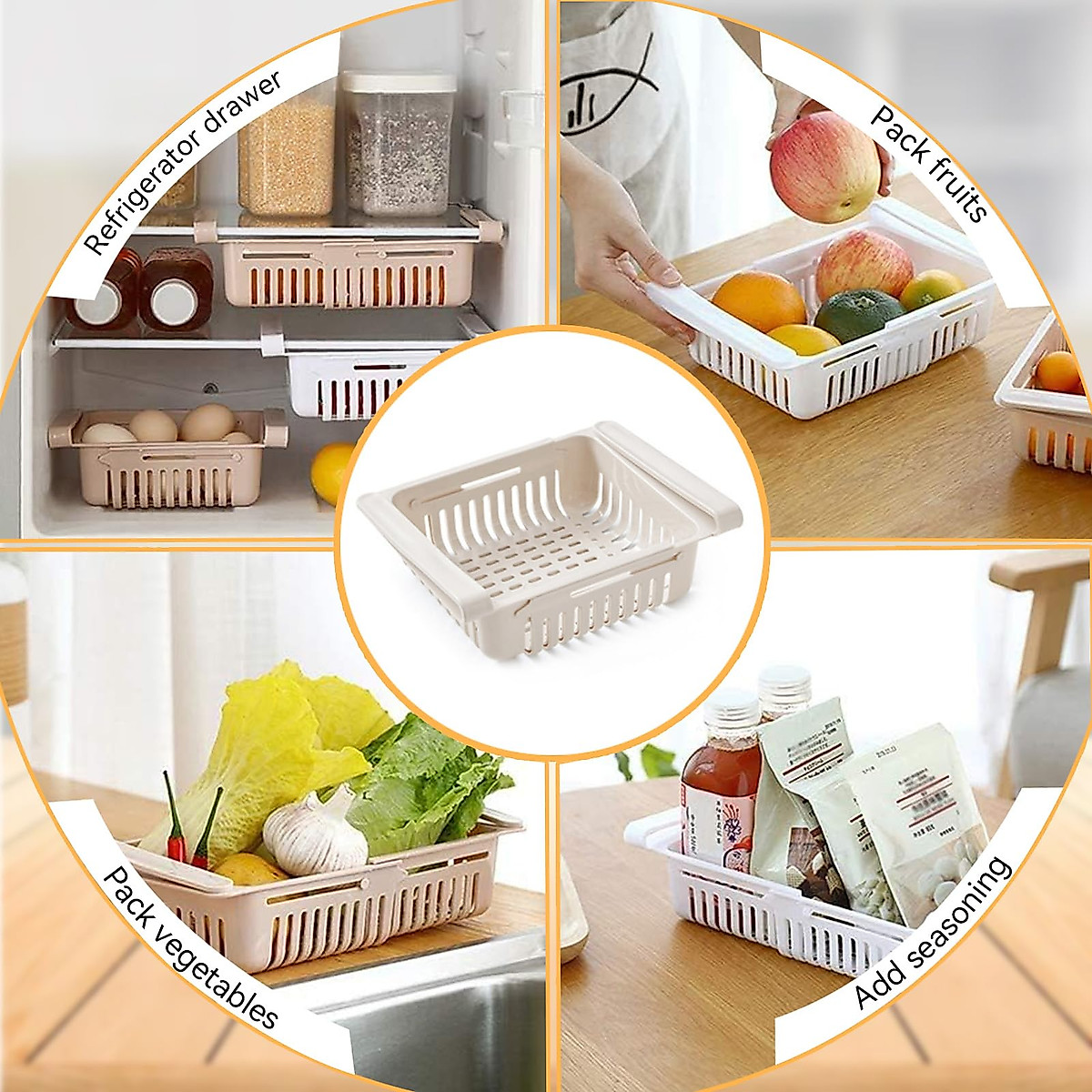 Gsycle Refrigerator Drawer Organizer, 2PCS Fridge Drawer Organizer Pull out Storage Box Refrigerator Bins Refrigerator Shelves for Egg Fruit Vegetable Seafood(Beige)