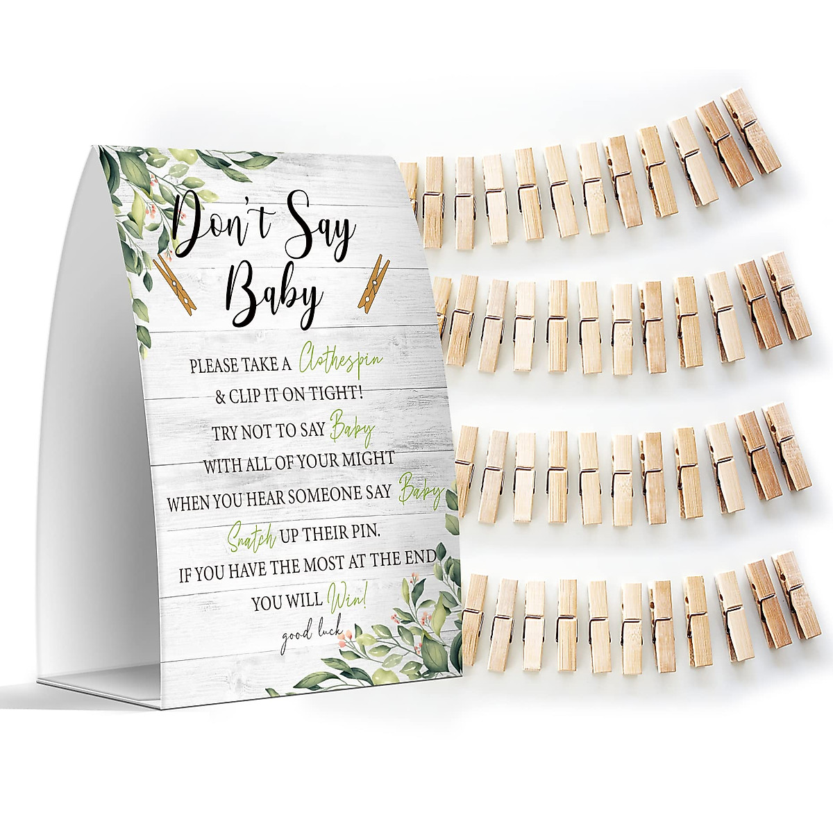 Don't Say Baby Set - One 5x7 Sign and 50 Mini Clothespins, Baby Shower Games, Baby Shower Decoration, Gender Neutral Baby Shower - MsJb034