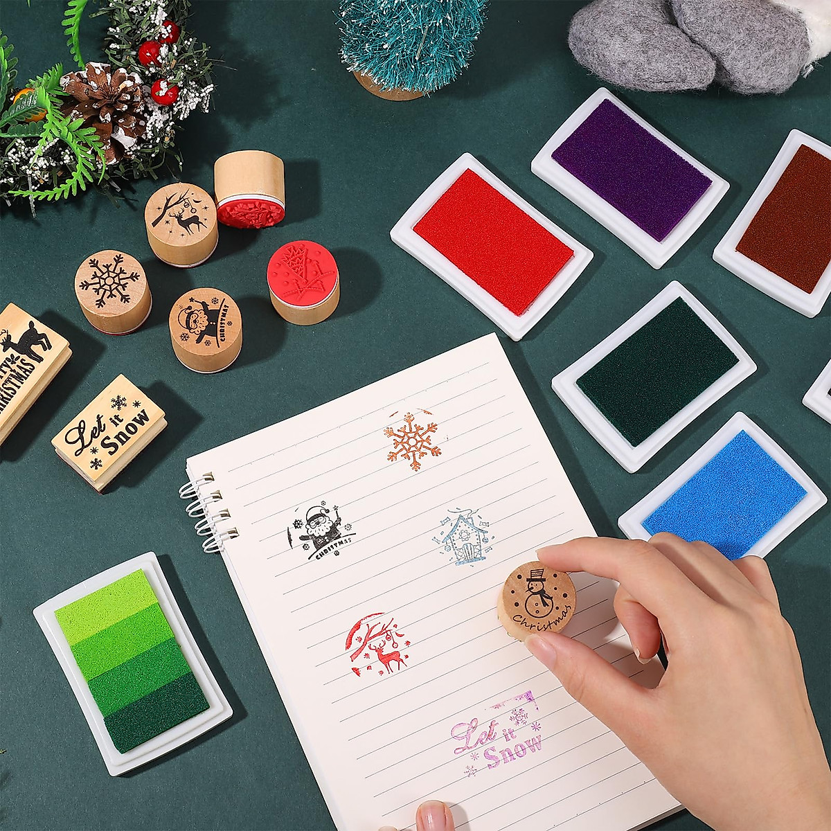 Auidy_6TXD 8 Pieces Christmas Wooden Stamp Set with Stamp Pad for Printing Stamps, Christmas Stamp Ink Set for Children DIY Scrapbooks Guest Gift