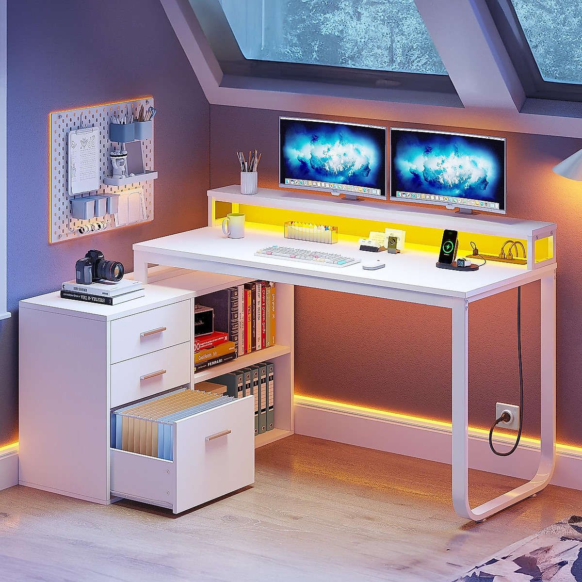 DWVO L Shaped Desk with Drawers, 55" Corner Computer Desk with Power Outlets & LED Lights, Home Office Desk with File Cabinet, White
