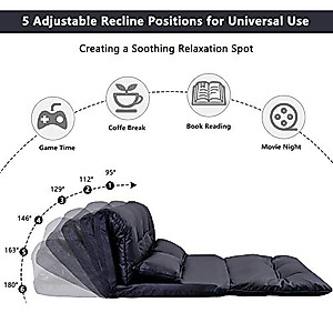 Floor Lazy Sofa Bed, 5-Position Folding Futon Sofa for Adults, Indoor Lounge Chair with 2 Pillows for Meditation Dorm Living Room (Black+PU)