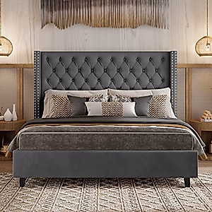 PaPaJet King Bed Frame Velvet Upholstered Bed with Deep Button Tufted/No Box Spring Needed/Easy Assembly/Dark Grey