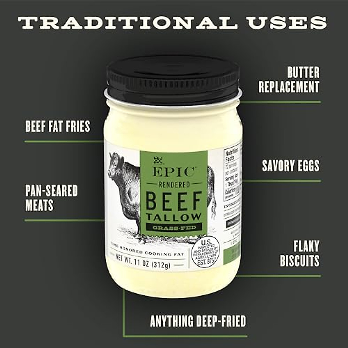 EPIC Beef Tallow, Grass-Fed, Keto Friendly, Whole30, 11oz Jar