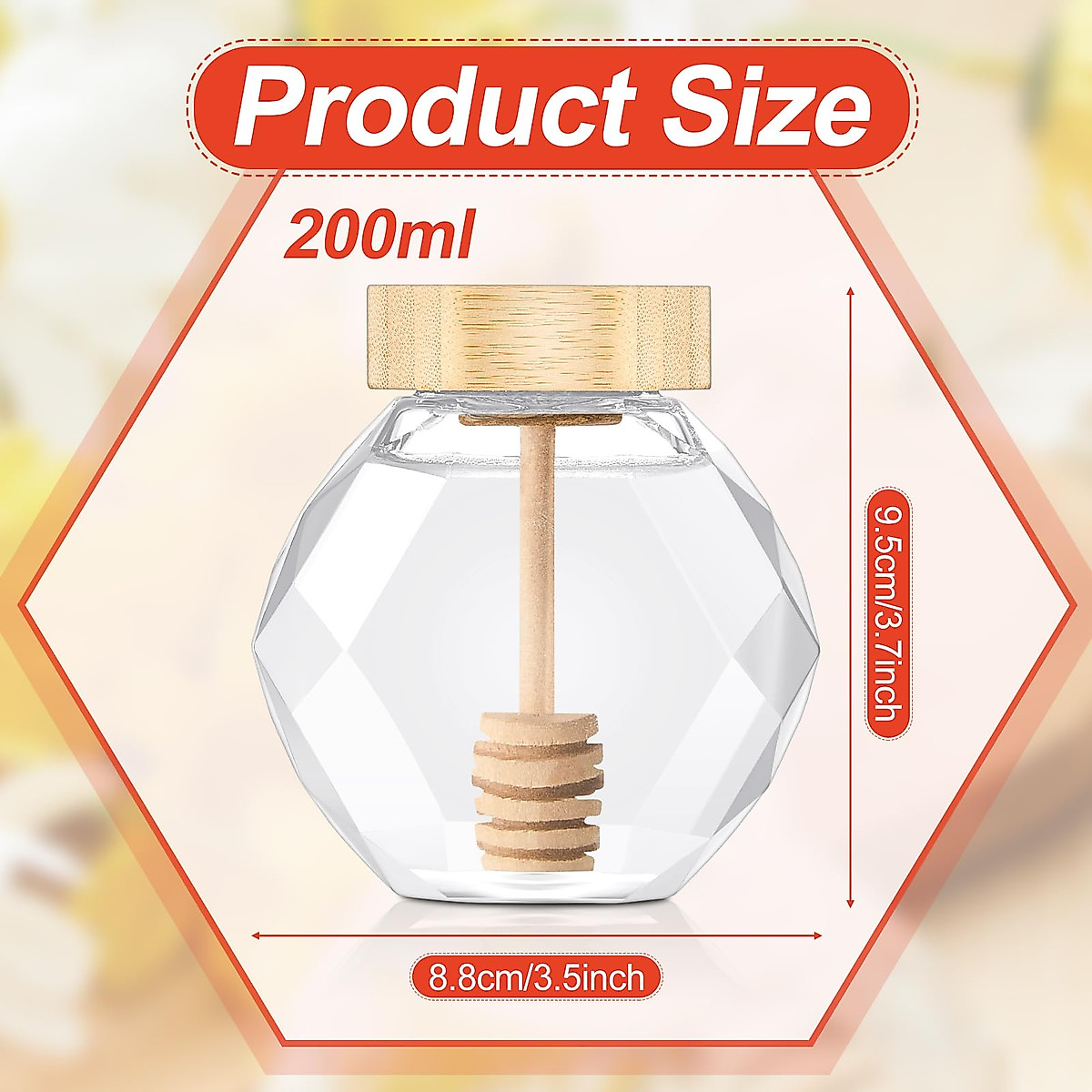 Umigy 2 Pcs 8 oz Glass Honey Dispenser with Wooden Spiral Drip Dipper Clear Hexagon Shape Small Honey Container with Dipper and Lid for Home Storage Syrup Kitchen
