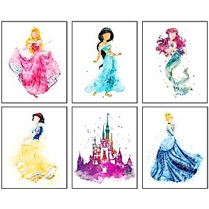 Princess Wall Decor Posters for Girls Room Watercolor Prints Set of 6 Unframed (8''x10'') Princess Wall Art Princess Posters for Girls Bedroom Princess Nursery Wall Decor Baby Shower Decorations