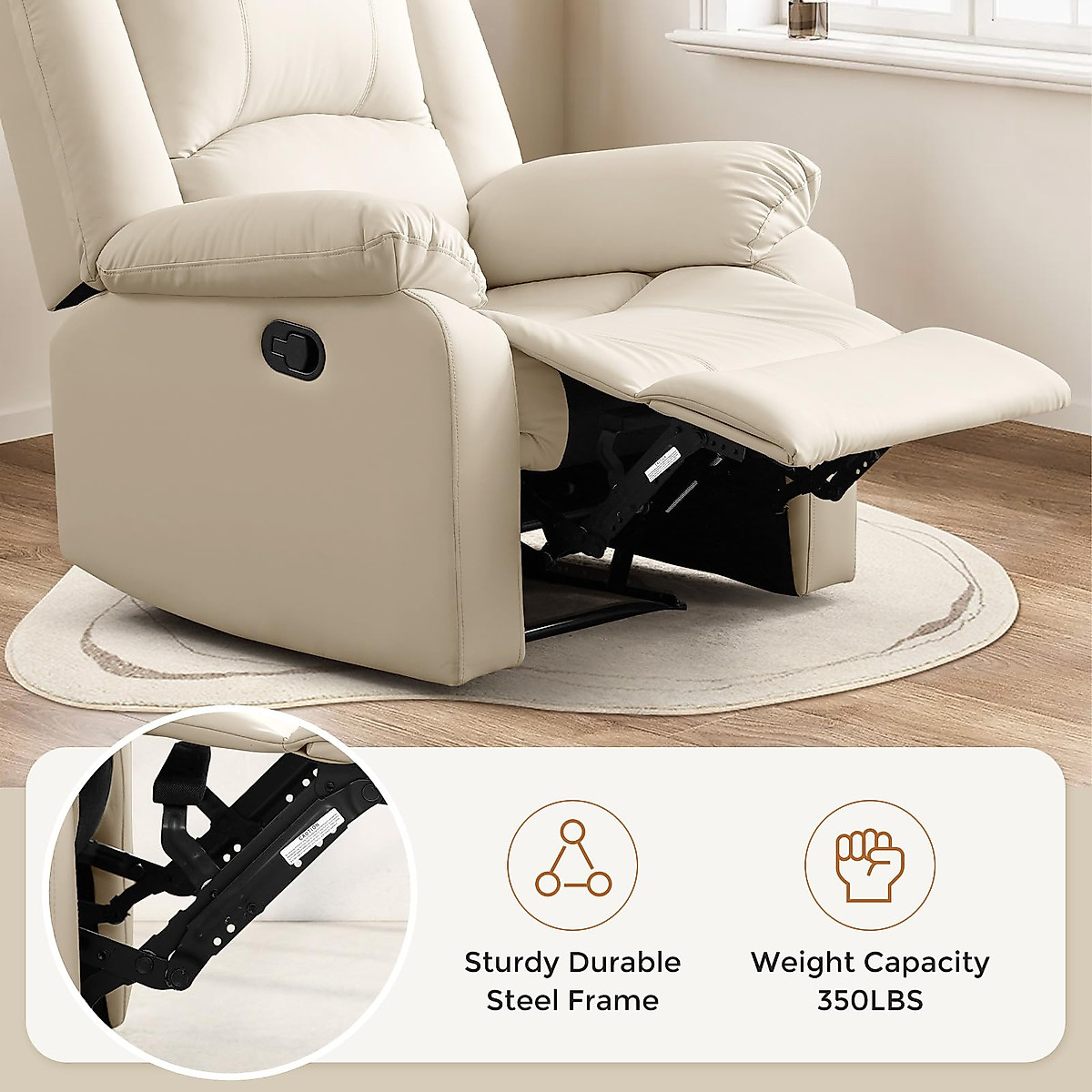 COOSLEEP Manual Recliner Chair, PU Leather Recliner Chair with Overstuffed Arm and Back, Soft Cushions, Recliner Chair for Adults, Single Sofa for Living Room(Beige)