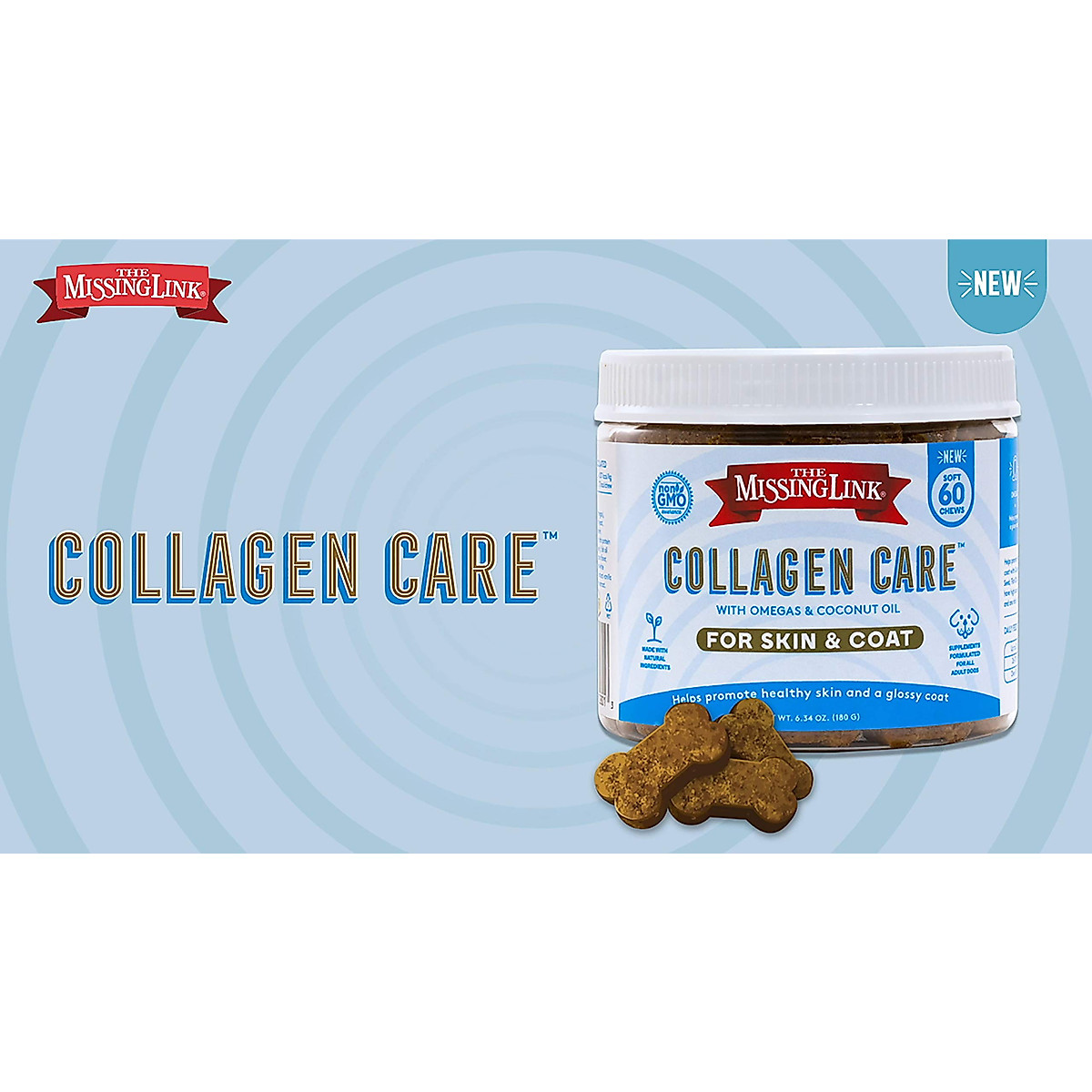 The Missing Link Collagen Care Skin & Coat Soft Chews 60ct - Daily Hair Growth, Healthy Skin & Strong Nails Support for Dogs