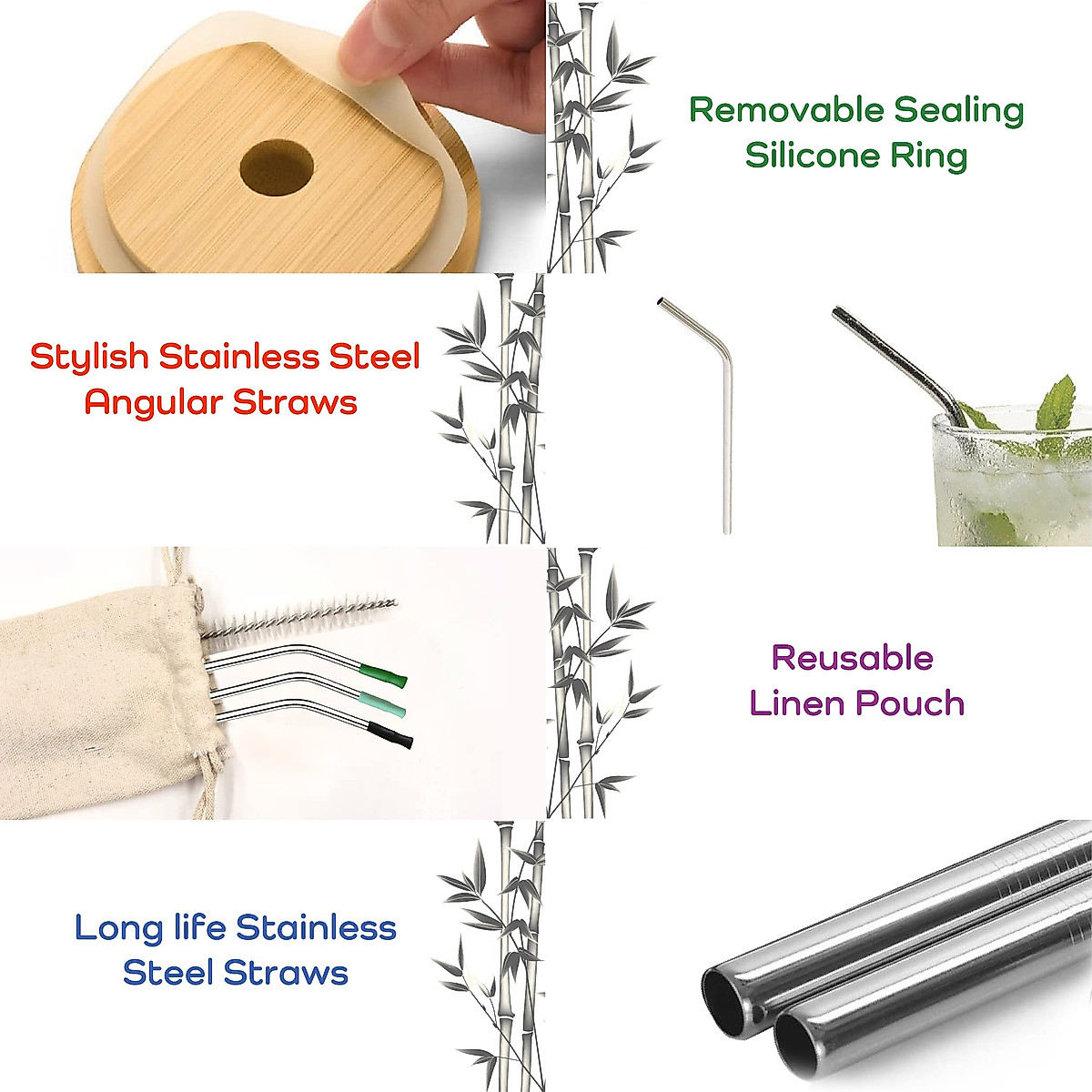 Bamboo Mason Jar Lids with Straw Hole, Stainless Steel Reusable Straws with Colored Silicone Tips, Straw Cleaner Brush and Polyester Bag, 70mm Bamboo Mason Jar Lids (Regular Mouth)