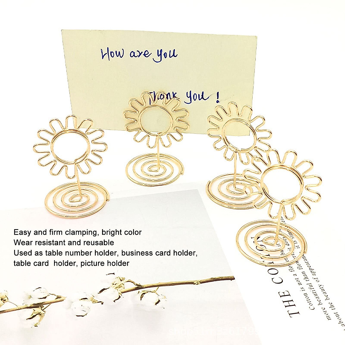 Wire Table Picture Photo Holder,20Pcs Sunflower Place Table Place Card Holder Clip Name Card Holders Picture Photo Holder for Weddings Anniversary Party(Gold)