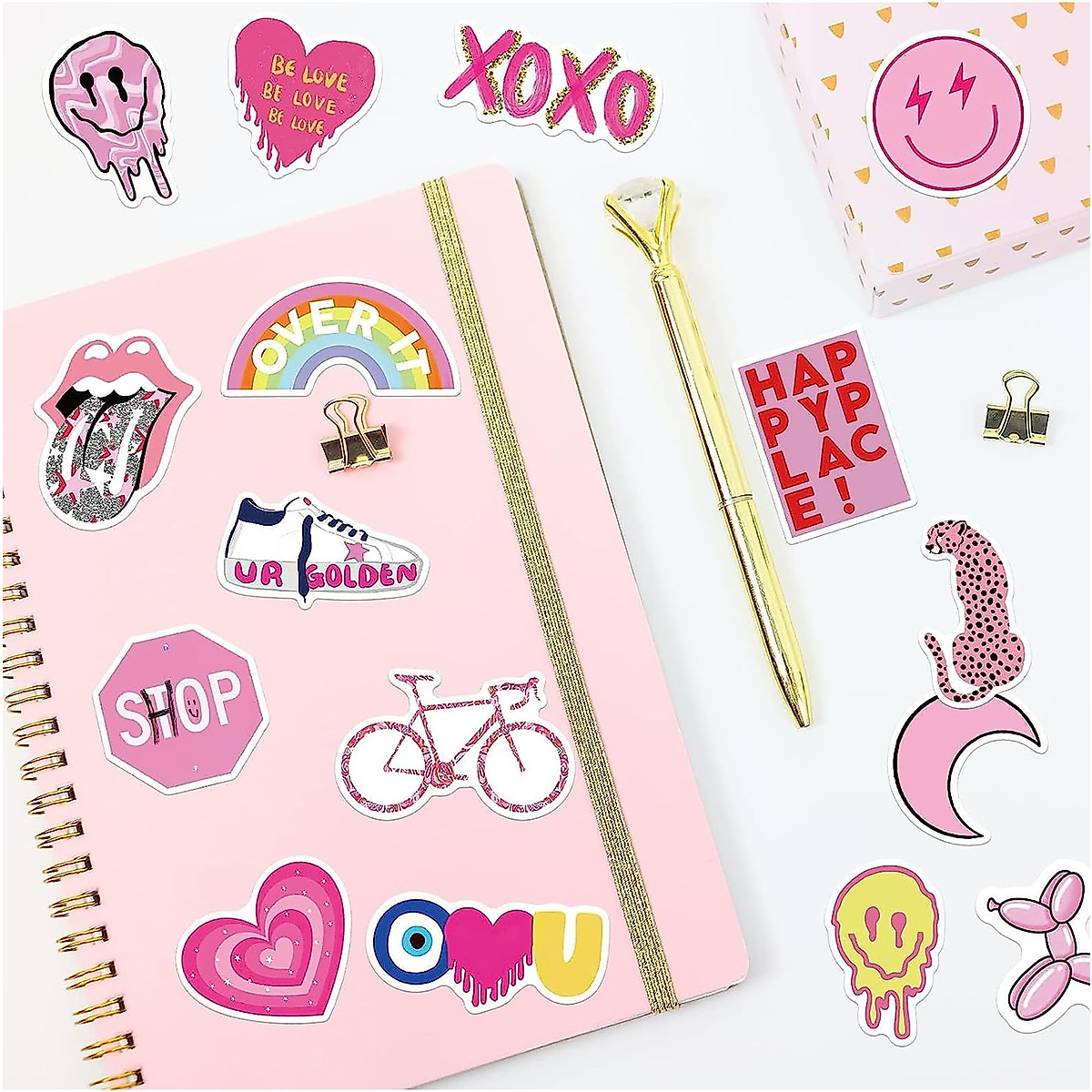 102 Pcs Preppy Stickers Vinyl Aesthetic Waterproof Stickers Adorable Decor Supplies Pink Party Suitable for Mobile Phone Computer Skateboard Water Bottle Suitcase Car etc