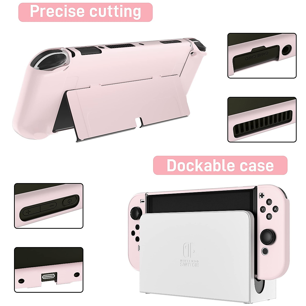 RHOTALL Protective Case Compatible with Nintendo Switch OLED, Dockable Shell for Switch OLED Console and Joycon Controller, Cute Accessories for Switch OLED with Comfortable Grip Design - Pink