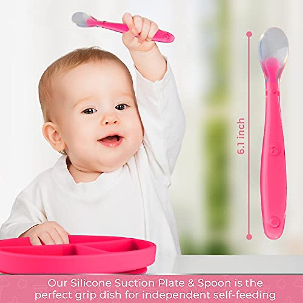 Silicone Suction Plate for Baby - 100% Food Grade Silicone Divided Plate | Toddler Self Feeding Training Suction Plate Set | BPA-Free, Microwave Dishwasher Safe Stay Put Plates (Light & Dark Pink)