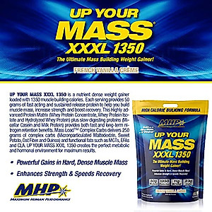 Maximum Human Performance MHP UYM XXXL 1350 Mass Building Weight Gainer, Muscle Mass Gains, w/50g Protein, High Calories, 11g BCAAs, Leucine, French Vanilla Creme, 16 Servings
