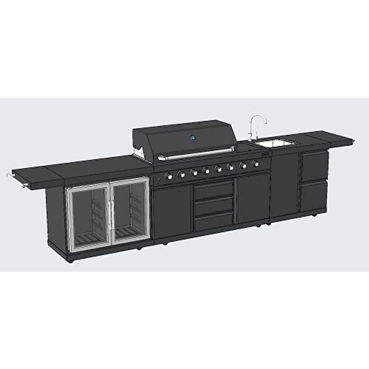 Modular 3 Piece Island Electric and Propane or Natural Gas BBQ Outdoor Black Stainless Steel Grill Kitchen with Double Wine Refrigerator, Sink, Rotisserie, Black Marble Top and FREE Protective Canvas Cover