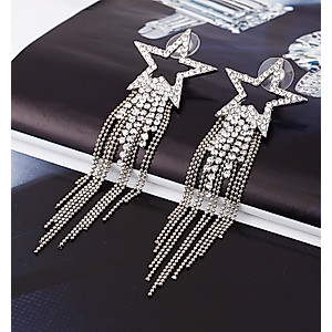 Women’s Tassel Earrings Star Ear Stud Pave Crystal Dangle Earrings Boho Waterfall Beaded Fringe Drop Earring