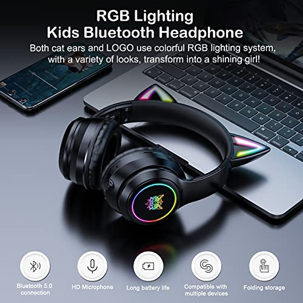 ONITOON Cat Ear Bluetooth Headphones with Micphone for Kids & Adults, LED Light Up Wireless HI-FI Sound Quality, Over-Ear Headphones with Volume Control for iPhone/iPad/Laptop/PC(55H Play Time)