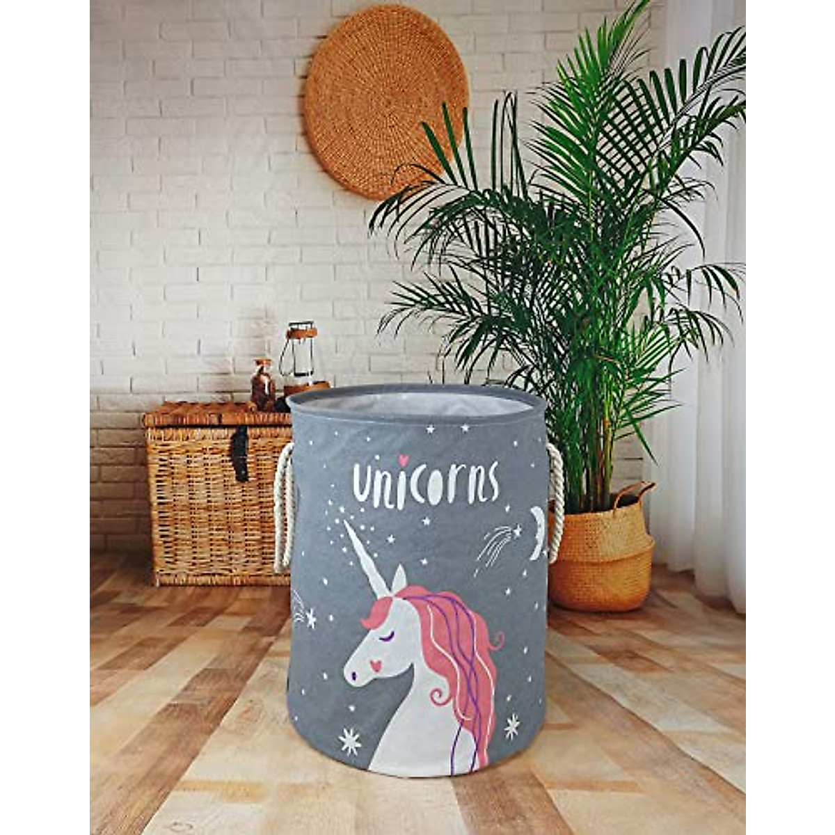 VAIVUSTO Round Laundry Basket Waterproof Canvas Large Clothes Basket Laundry Hamper with Rope Handles Cute Cartoon Kids Nursery Hamper for Kids Room Toy Storage Girls Room Decor (Gray Unicorn)