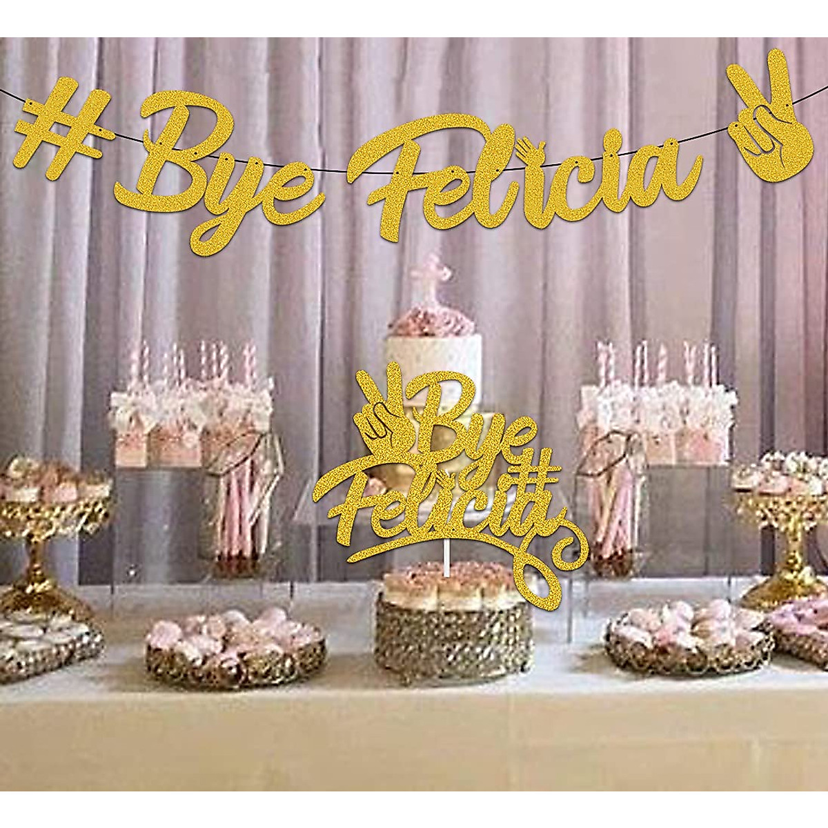 JUYRLE Bye Felicia Decorations,Bye Felicia Banner and Cake Topper,Gold Glitter Garland Party Supplies,Party Decoration Ideas for Going Away/Moving/Job Change/Relocating/Graduation/Farewell Party