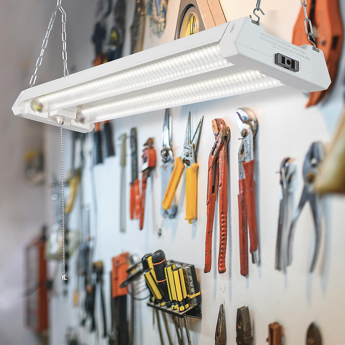 Maxxima 4 ft. Utility LED Shop Light Fixture, 40W, Linkable, Clear Lens 5000K Daylight 4800 Lumens Plug in Pull Chain LED Garage Light Energy Star