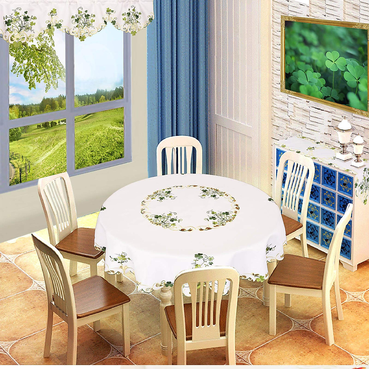 Simhomsen Small Embroidered Irish Clover St. Patrick’s Day Tablecloth, Spring Shamrock Decorations (Round 70 inches)